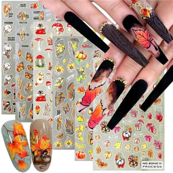 Makeup | 6 Sheets Gold Leaves Fall Nail Stickers 3d Squirrel Nut ...